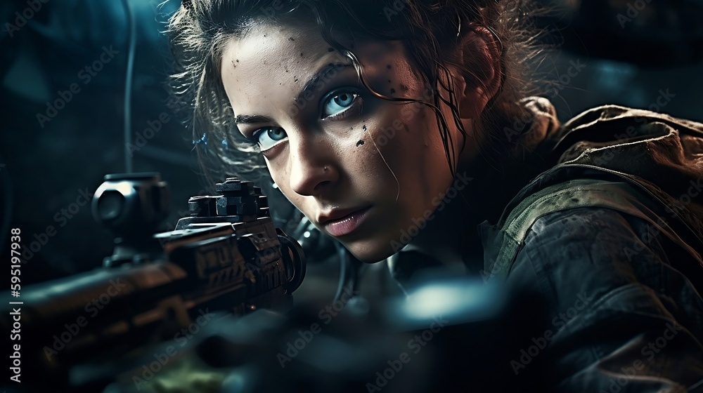 extreme low angle cinematic action upper body photograph of a beautiful ...