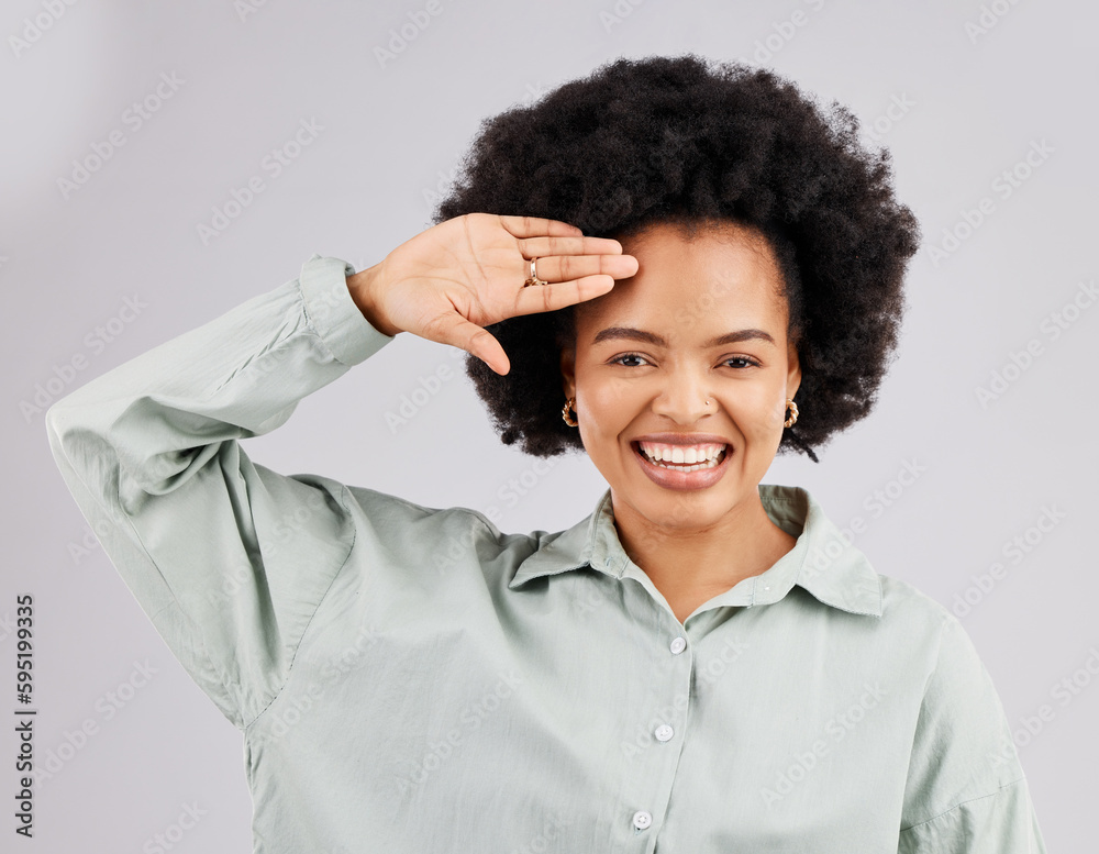 Salute, smile and portrait of black woman greeting feeling proud and ...