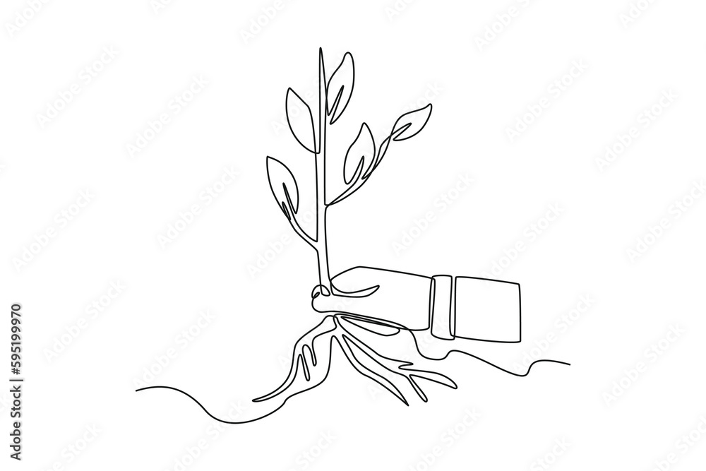 Continuous one line drawing hand holding a plant with many roots. World ...