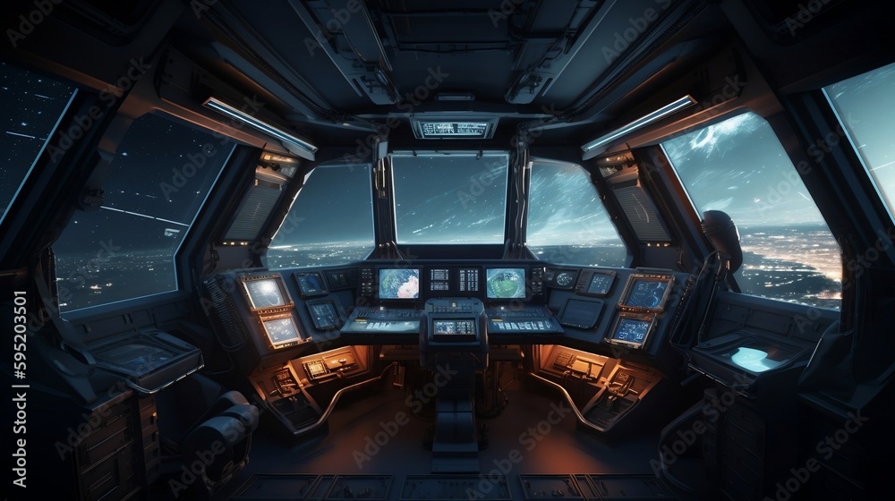 spaceship interior with view on the planet Earth 3d rendering elements ...