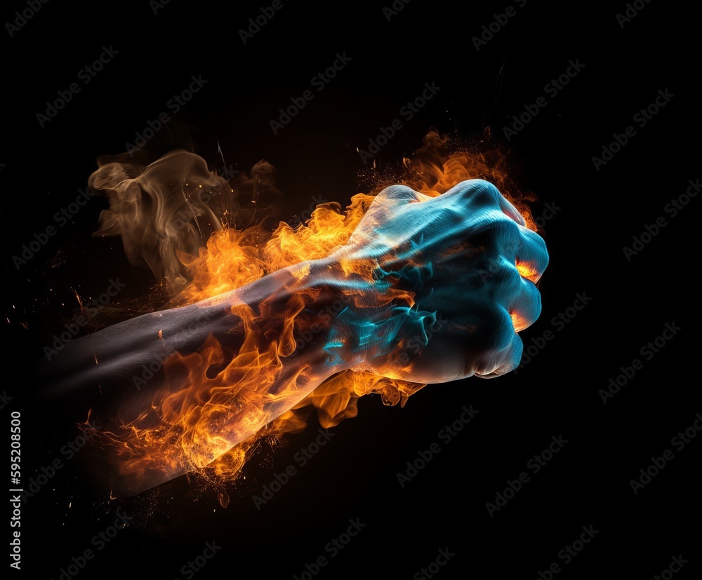 Mans power fist in the blue and yellow fire. Ukrainian power. Hand of ...