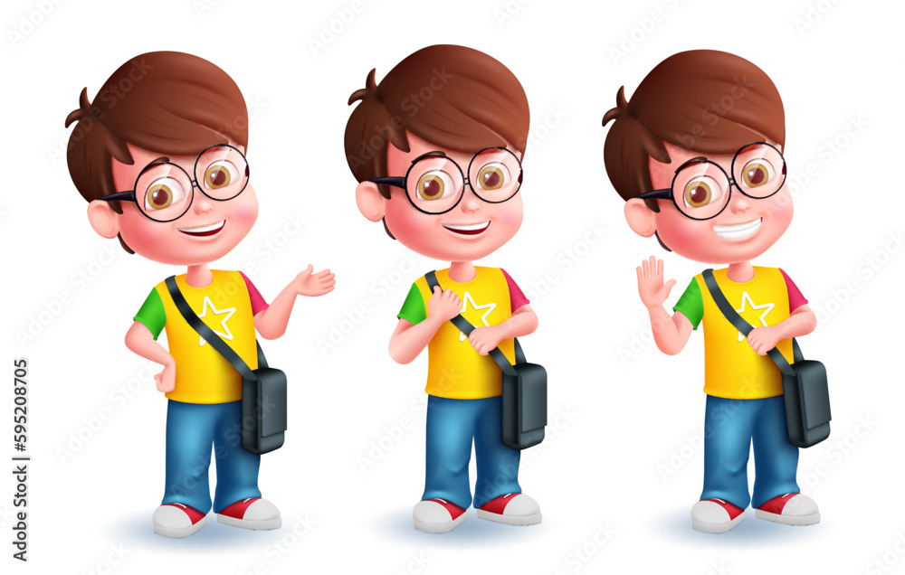 School boys character vector set design. Back to school young smart boy ...