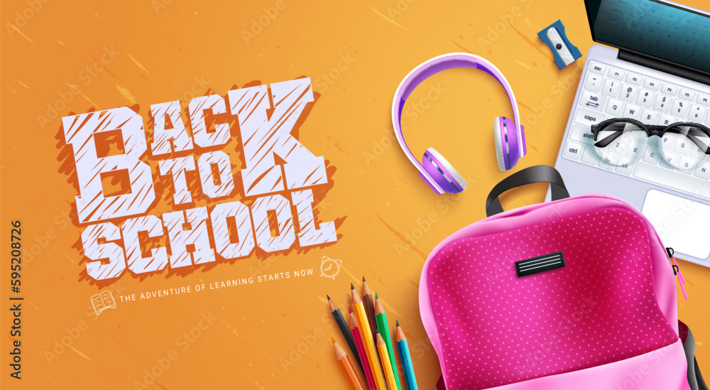 Back to school vector design. Back to school text with bag and laptop ...