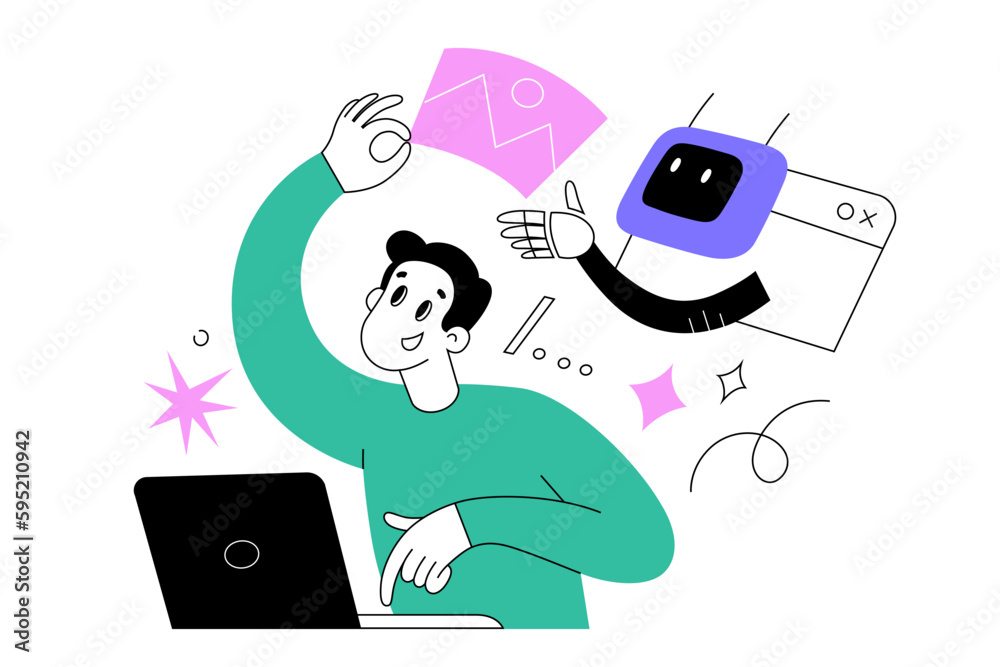 Ai generates an image for human, person uses a laptop, types a prompt ...