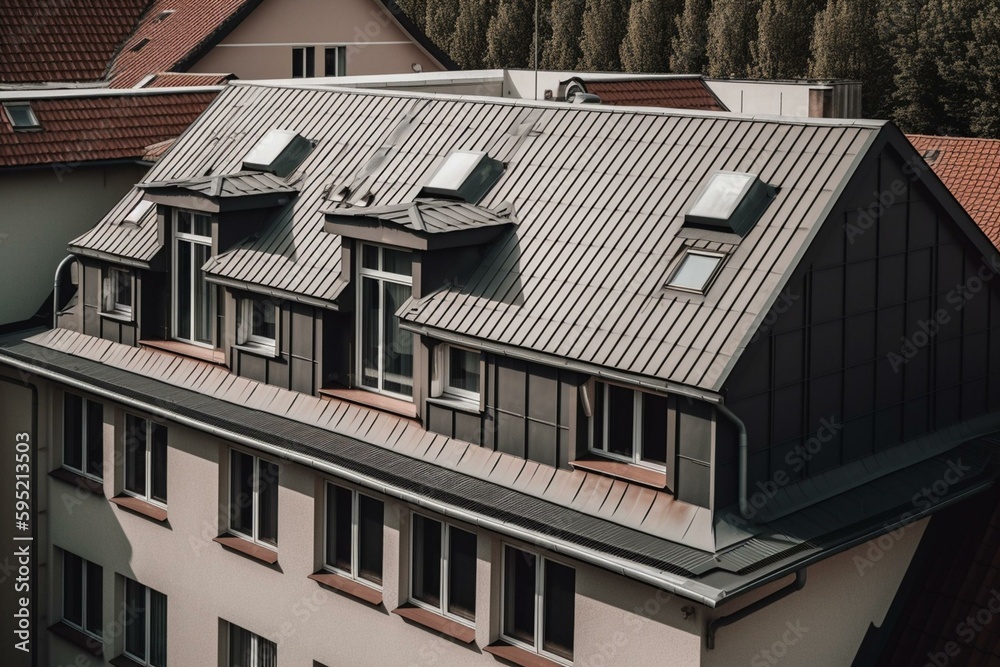 Residential building with metal coated sloping roof, gutters, skylights ...