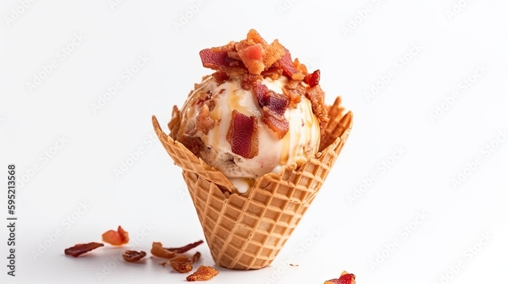 Maple bacon ice cream in a waffle cone with maple syrup and bacon bits ...
