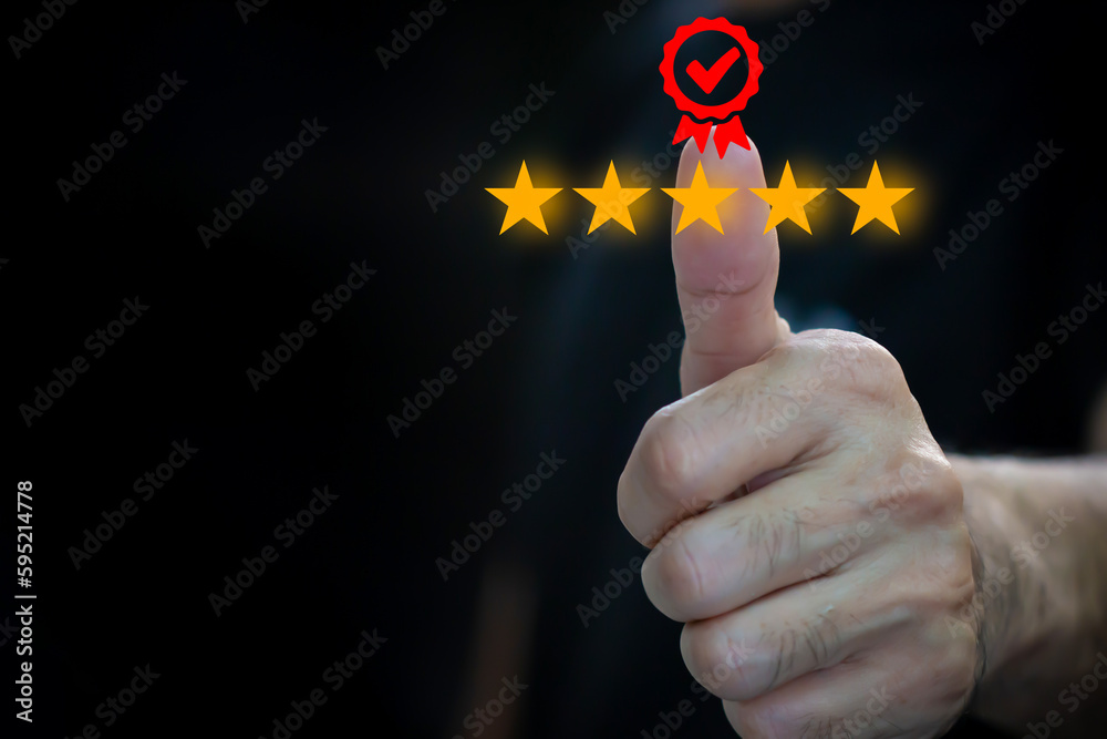 Customer satisfaction concept, 5-star satisfaction rating thumbs-up ...
