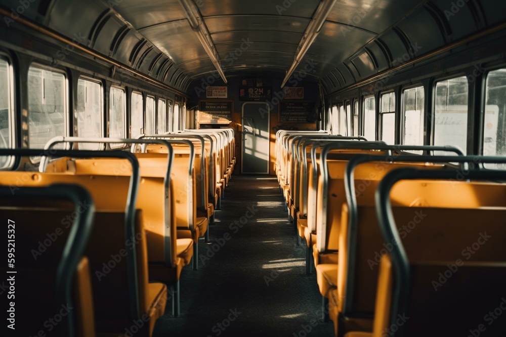 Close-up of an empty school bus interior with rows of seats and safety ...