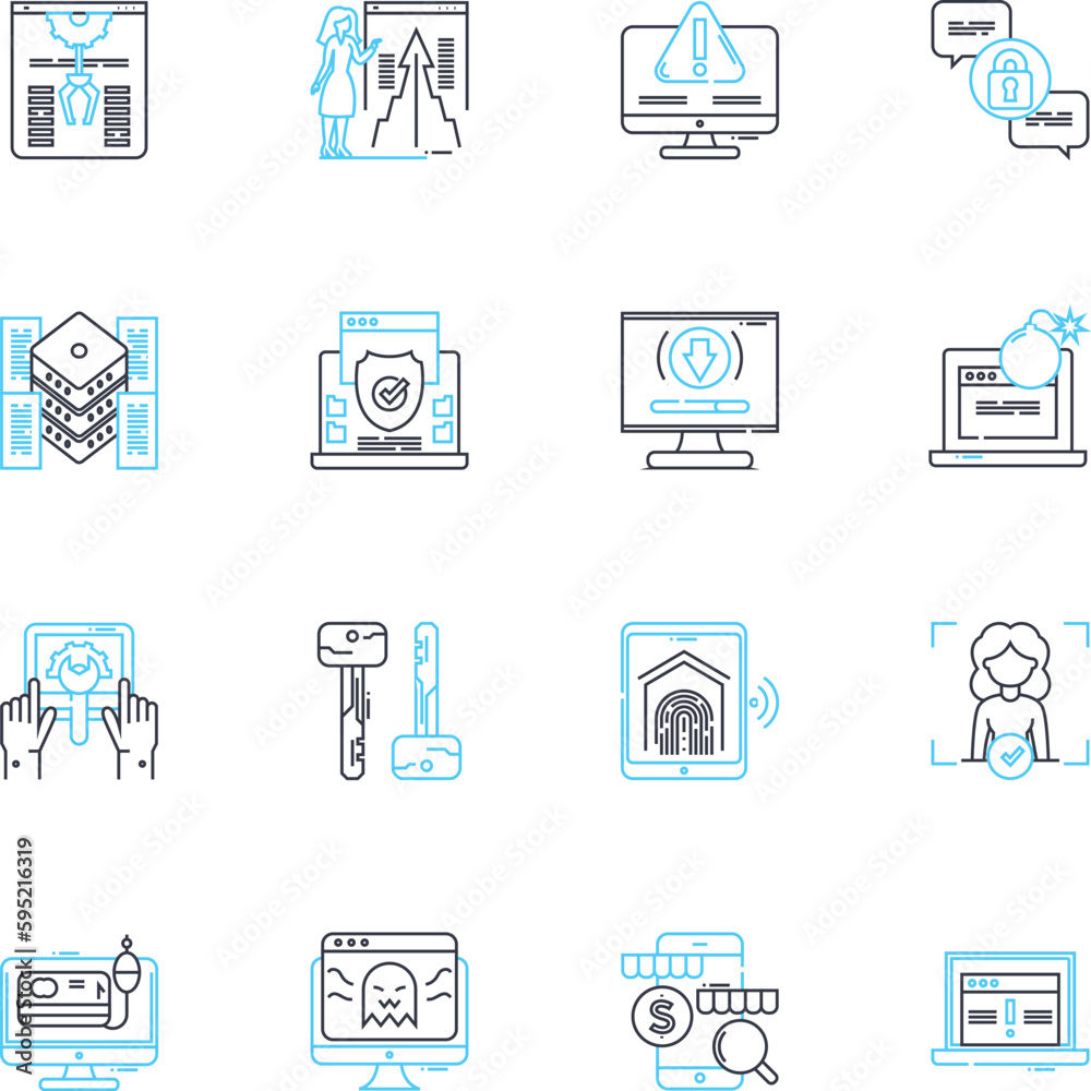 Online security linear icons set. Encryption, Firewall, VPN, Malware, Cybercrime, Phishing, Two ...