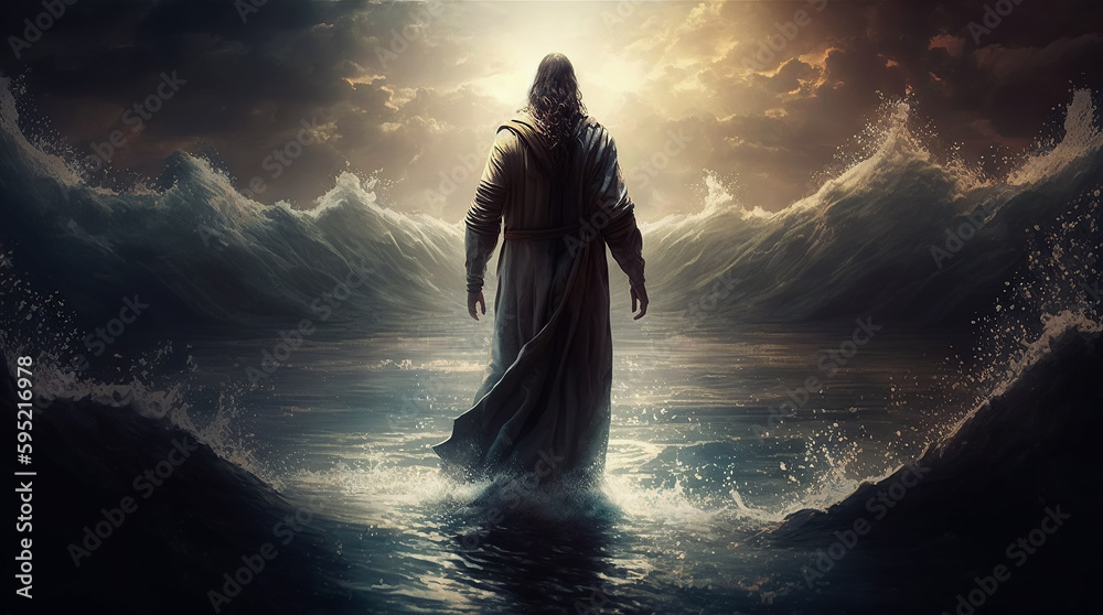 Christian God Jesus Christ walks on water on sea. Biblical religious ...