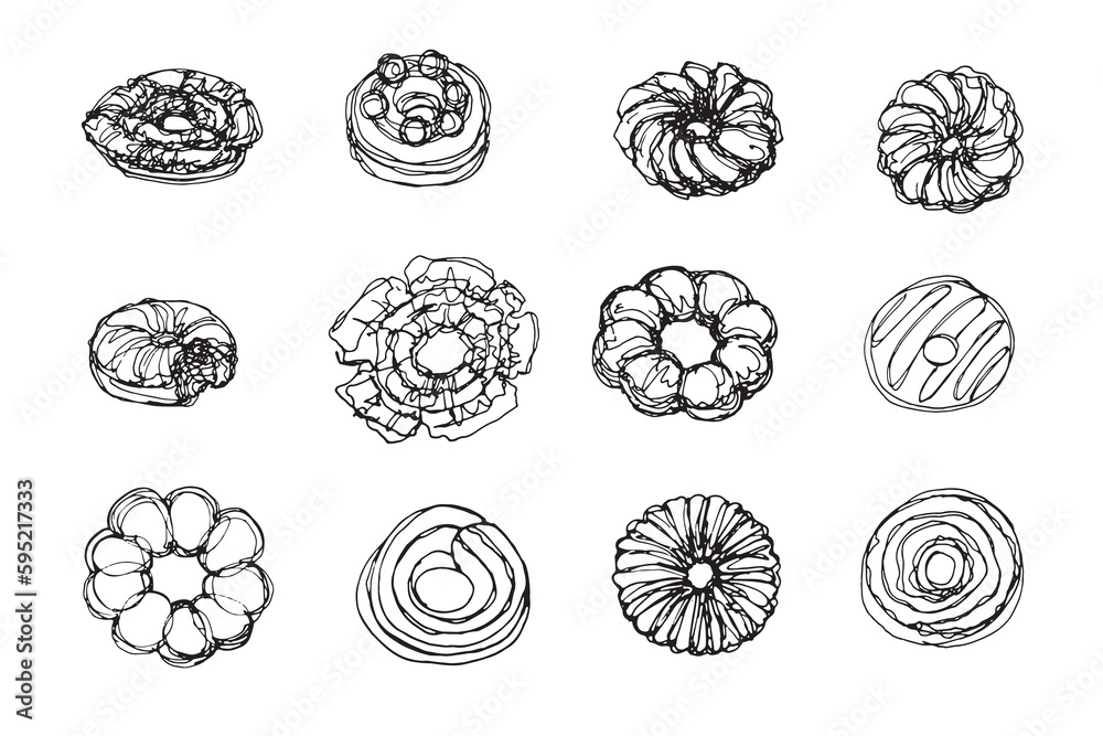 Collection of hand drawing donuts illustrations, Donuts outline doodle ...