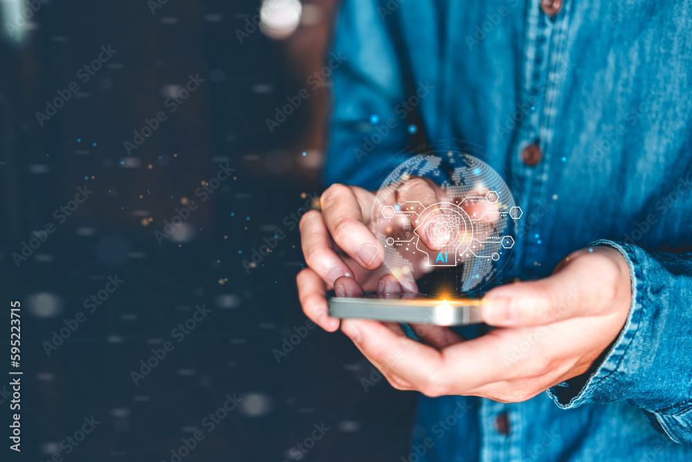 Businessman with smart Artificial Intelligence (AI) digital ...