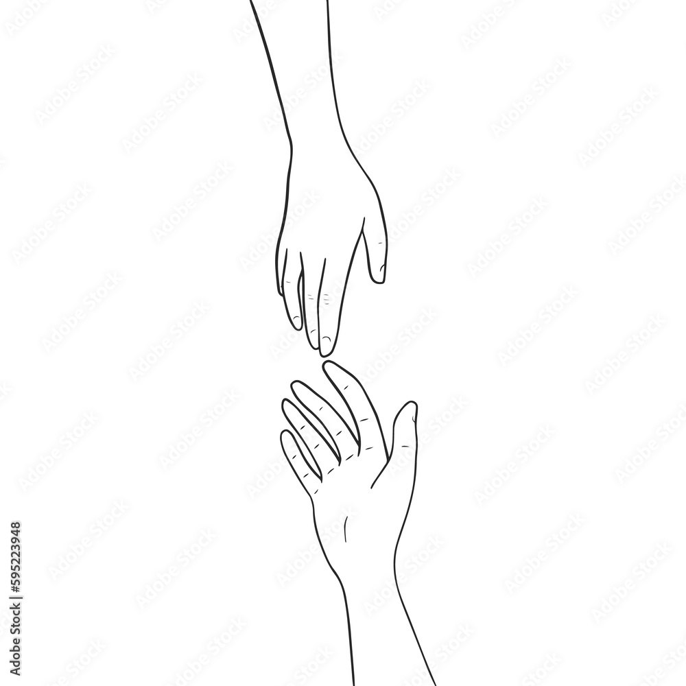 Two hands are drawn to each other. Outline hands. Illustration on ...