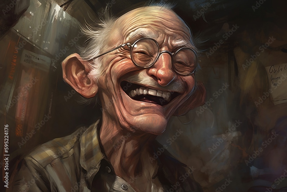 painting of an old man laughing, hard-edge painting, traincore ...