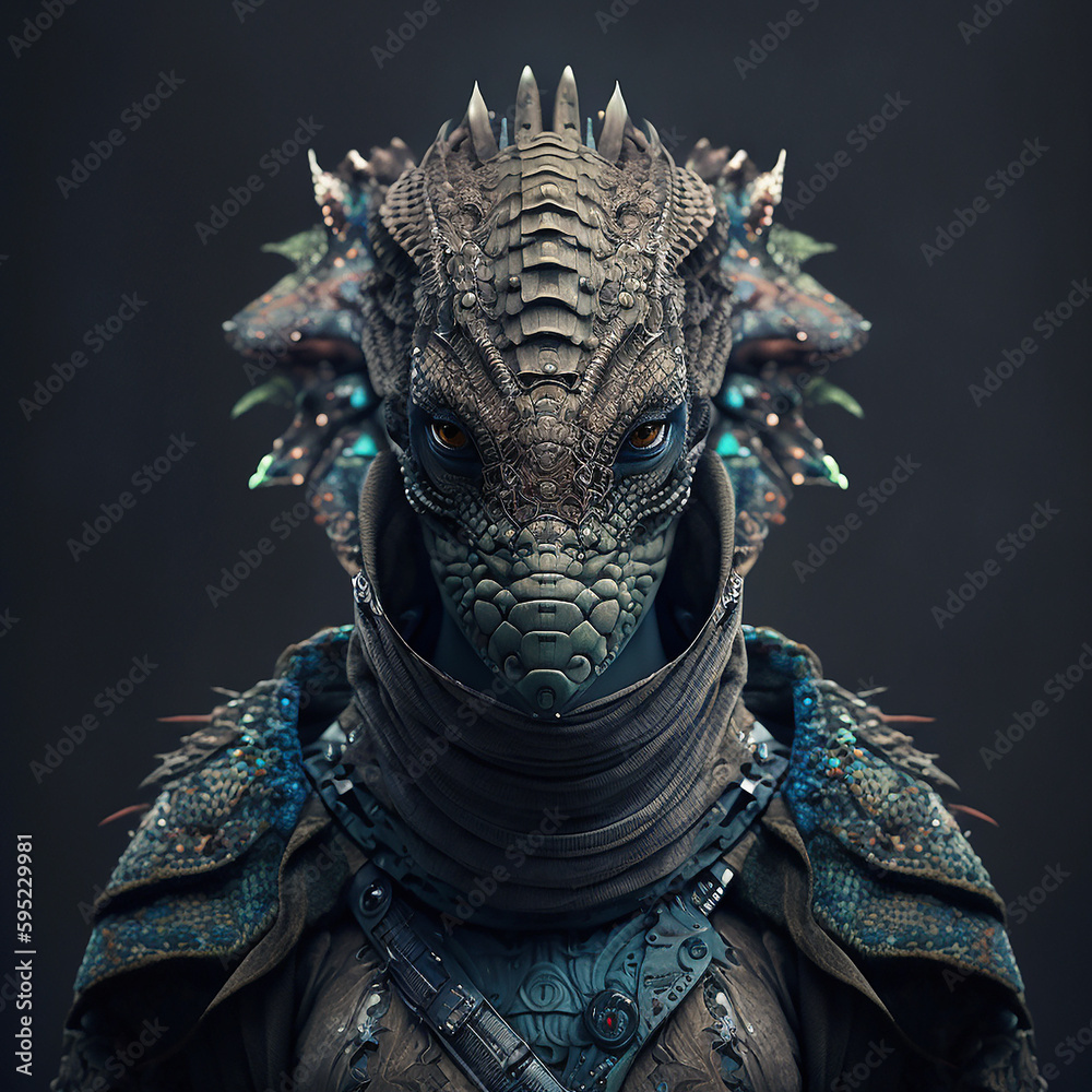 Realistic lifelike basilisk in cyberpunk futuristic robotic armour ...