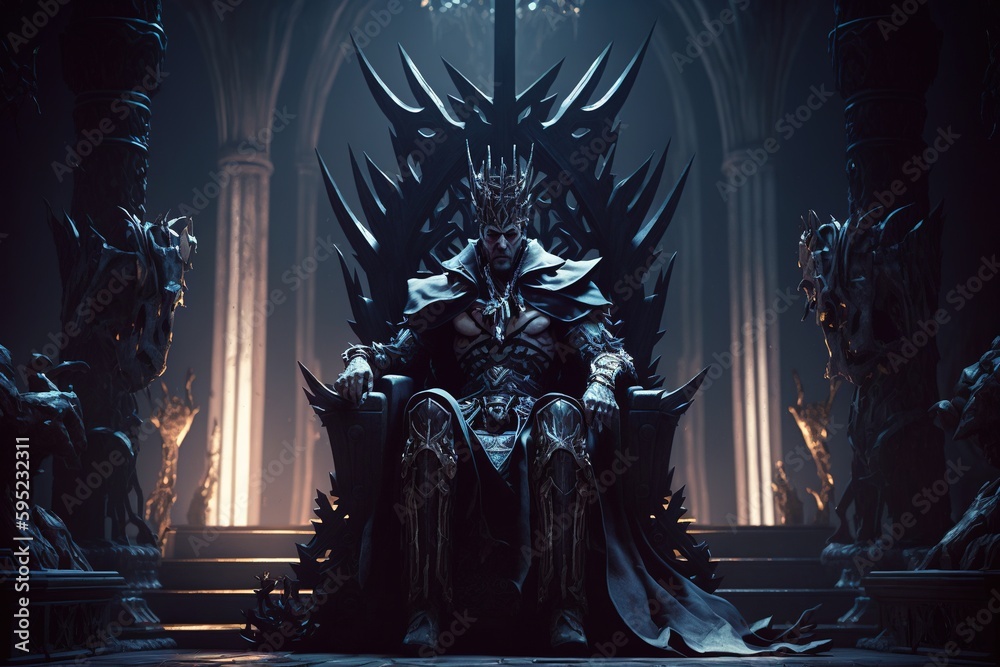 An eerie dark fantasy throne room with a dark lich lord siting at the ...