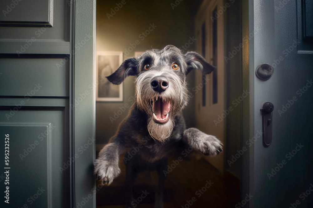 Excited and happy dog at home door entrance greeting the arrival of her ...