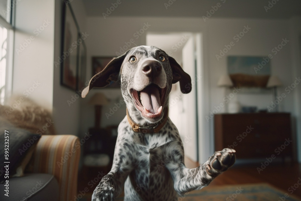 Excited and happy dog at home door entrance greeting the arrival of her ...