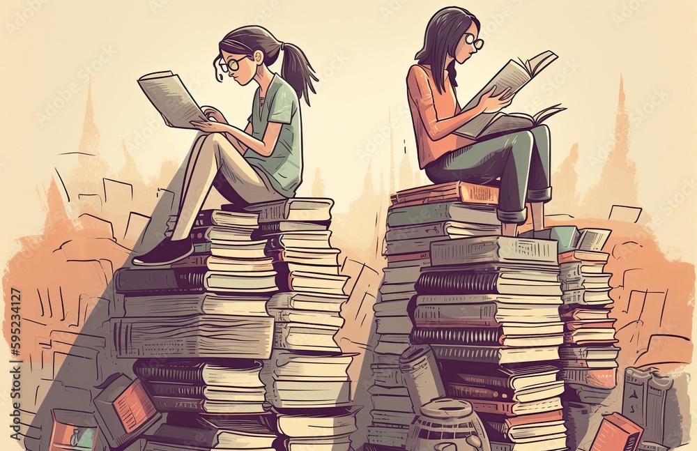 cartoon Student boy and Girl sitting on pile of books with open book in ...