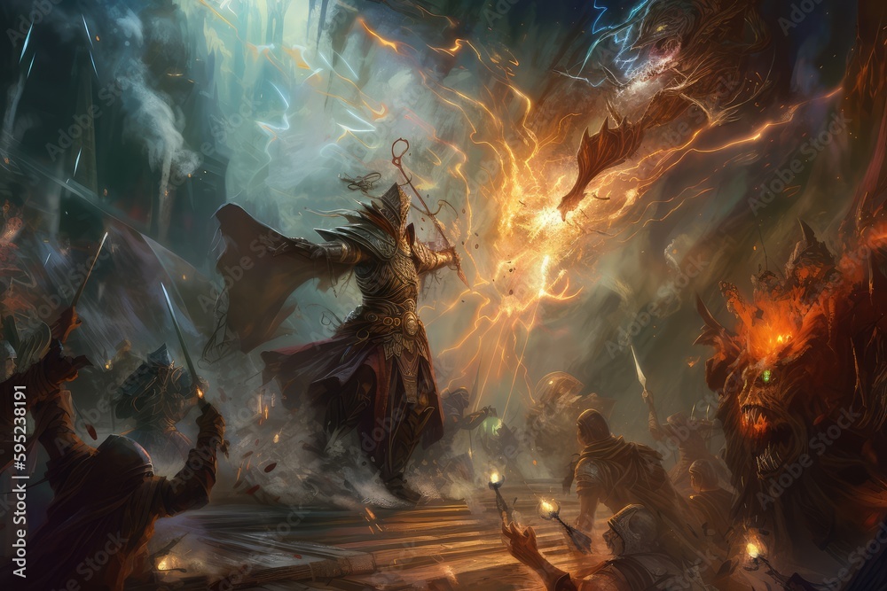 Sorcerer magic battle casting spell against demon. distinct generative ...