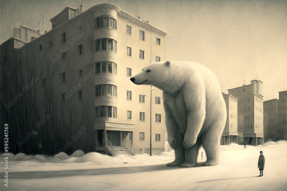 surreal suburban landscape a gigantic polar bear bigger than the ...