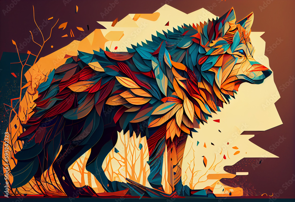 Design a visually stunning digital image of a regal and powerful wolf, using abstract geometric ...