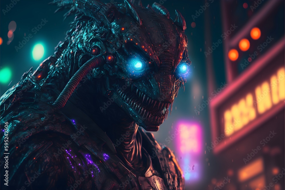 character cyberpunk godzilla mechanical laser beams neon lights raining ...
