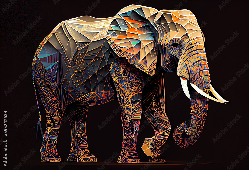 Produce a dynamic digital artwork of a majestic elephant, incorporating ...