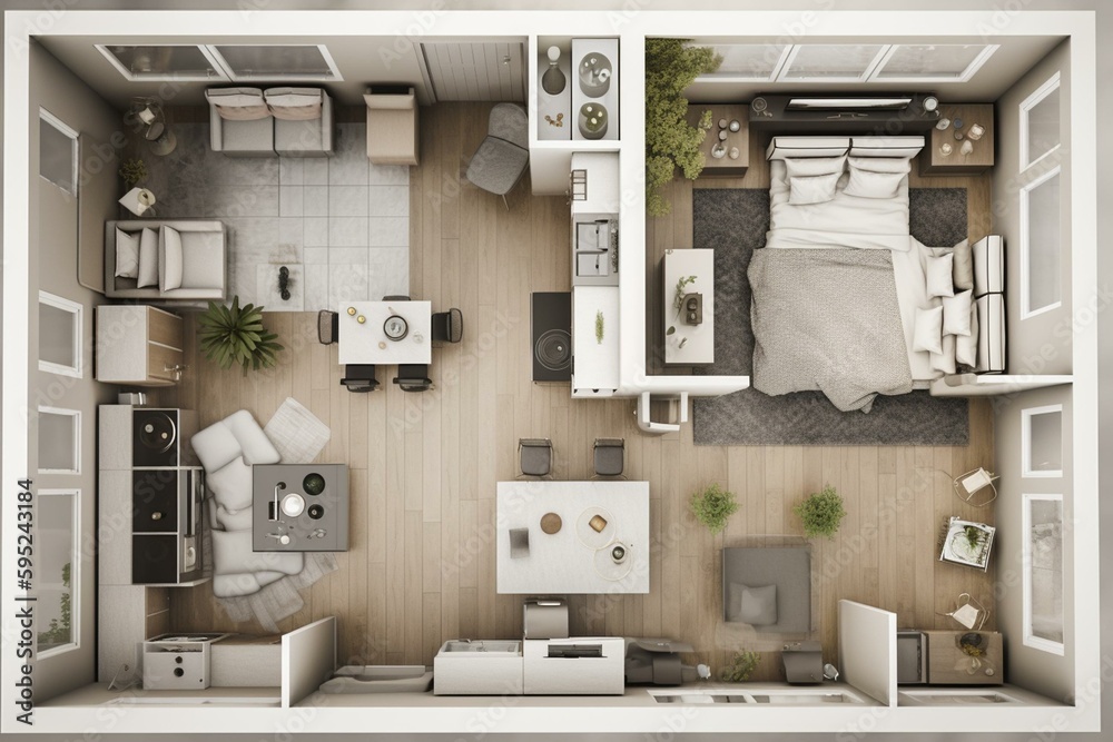 Top-down layout of apartment interior. White background, 3D model ...