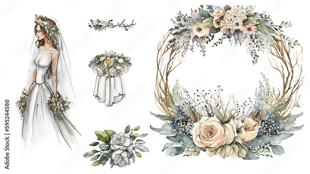 Watercolor wedding clipart set. Illustrations isolated on white ...