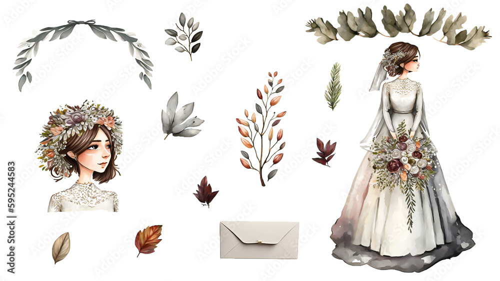 Watercolor wedding clipart set. Illustrations isolated on white ...
