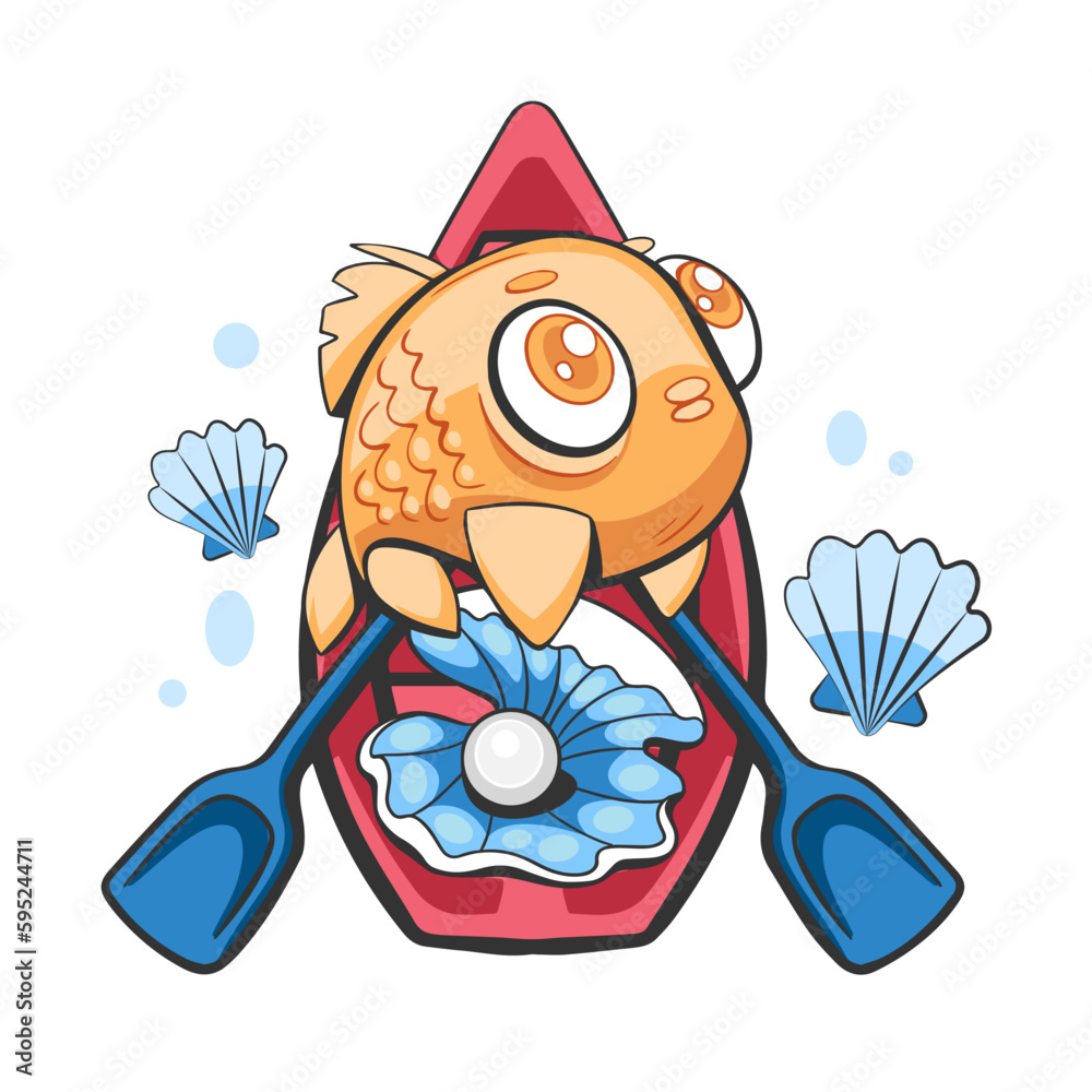 Vector illustration of a cute fish carrying pearls in a shell in a boat ...