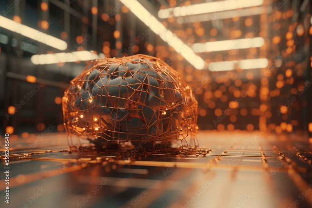 3D digital neural network on orange tech background - a visual ...