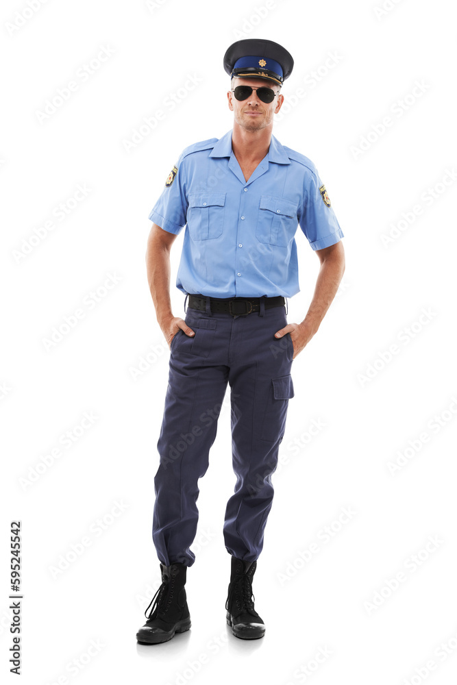 Portrait, police and law enforcement with a man isolated on a ...