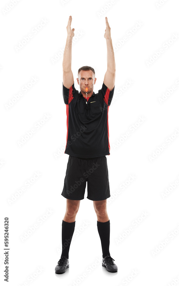 Referee, whistle and goal with a man isolated on a transparent ...