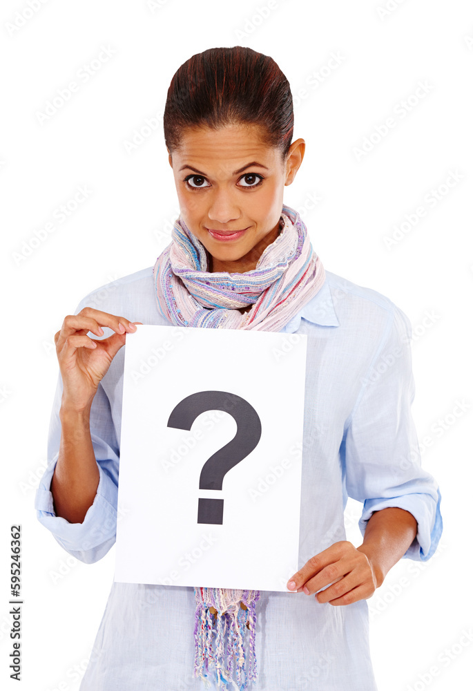 Why, question mark and portrait of a woman with a sign isolated on a ...