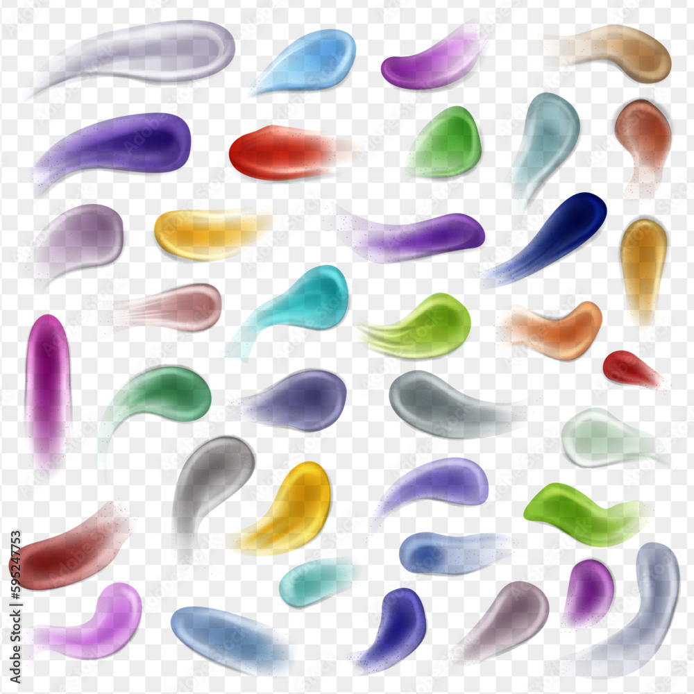 Cream smears. Scrub and gel smears swatch set. Cosmetics product. Realistic 3d skin care ...