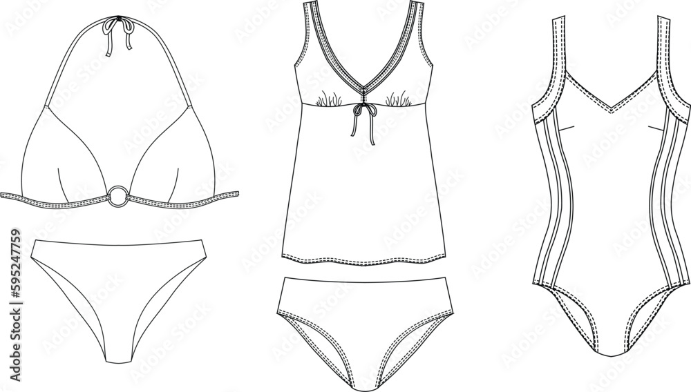 Woman sustainable swimwear, technical drawing, template, sketch, flat ...