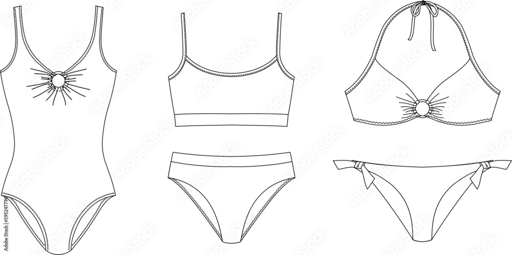 Woman sustainable swimwear, technical drawing, template, sketch, flat ...