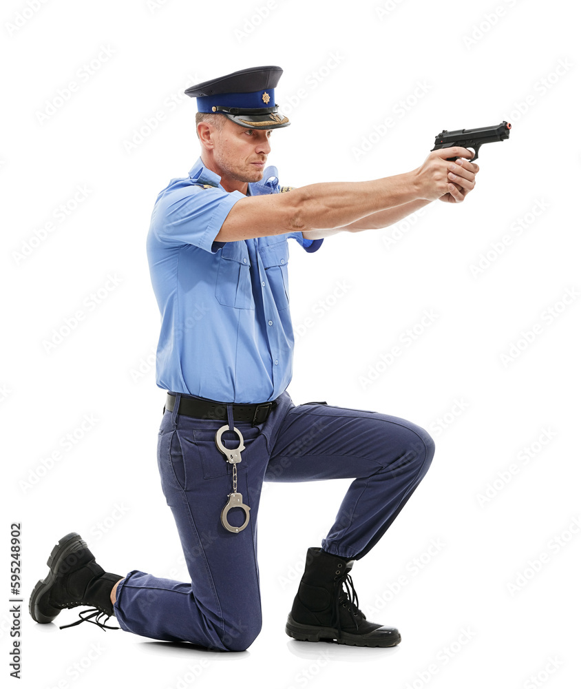 Man, police officer and pointing gun isolated on transparent, png ...