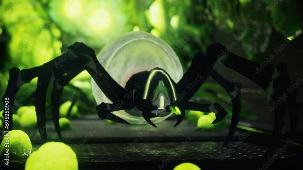 A close-up of a creepy alien spider walking down the corridor of a ...