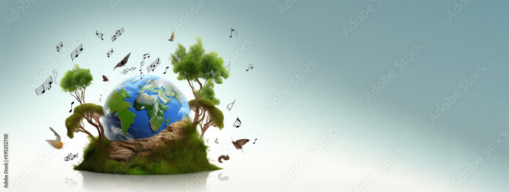 Harmony of nature, music notes around planet earth, environment day ...