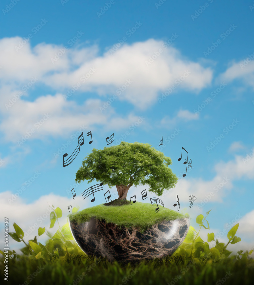 ภาพประกอบสต็อก Harmony of nature, music notes on blue sky sourrounding ...
