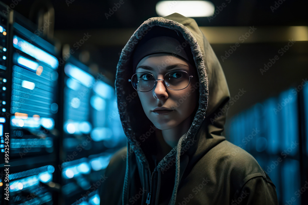 Young Female Hooded Hacker Standing In Front Of The Data Center Server ...