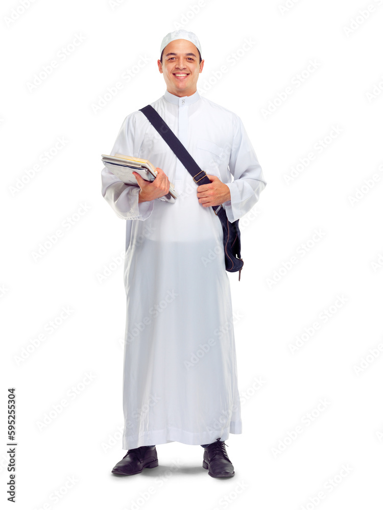 Muslim, books and portrait of man with bag on isolated, png and ...