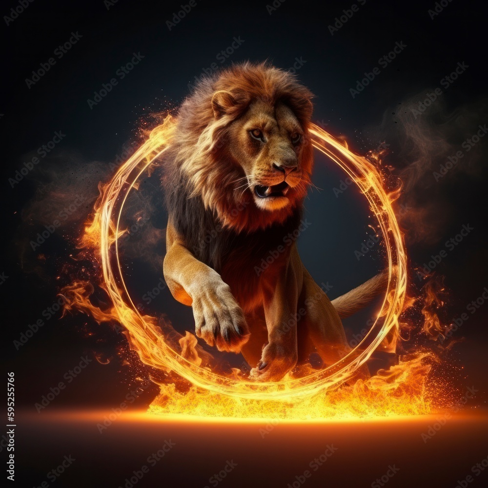 Lion jumping through a ring of fire Stock Illustration | Adobe Stock