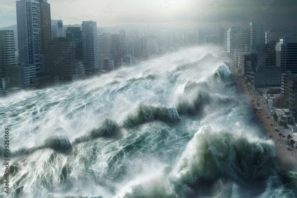 Tsunami is coming after an underwater earthquake in the World Ocean. A ...