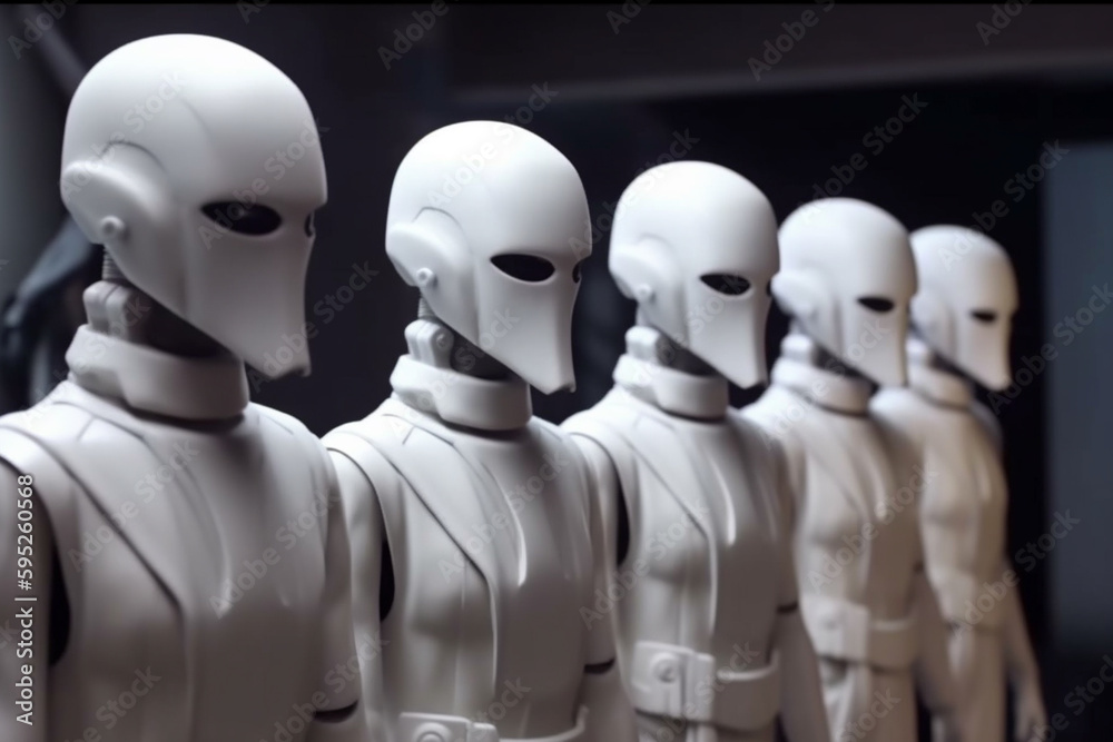 Robots aliens with large heads and large dark eyes look at the camera ...