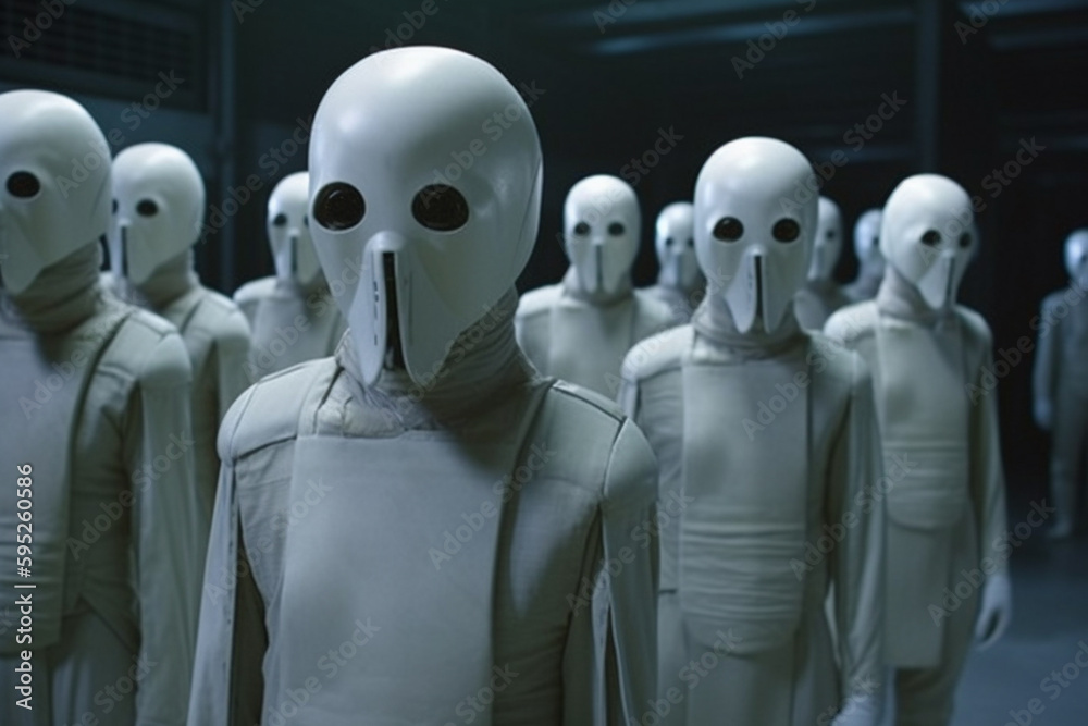 Robots aliens with large heads and large dark eyes look at the camera ...