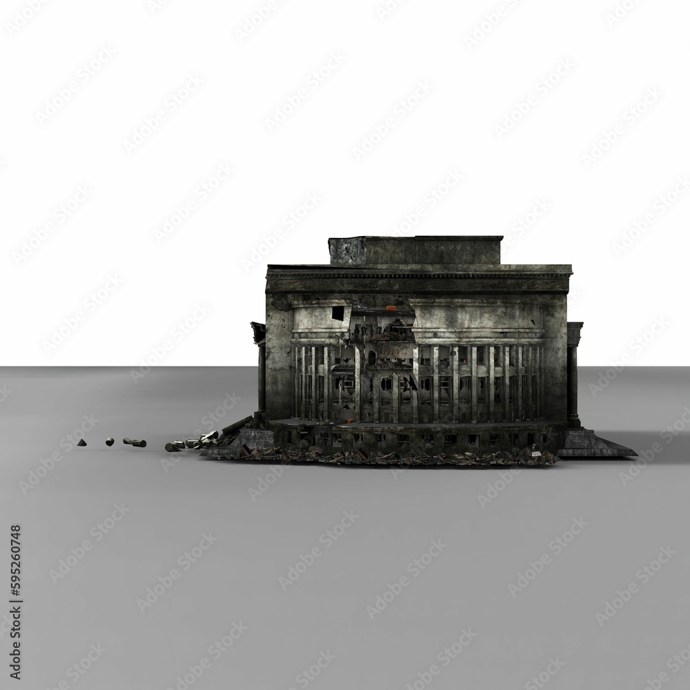 Aged, destroyed two-story house constructed with a combination of ...